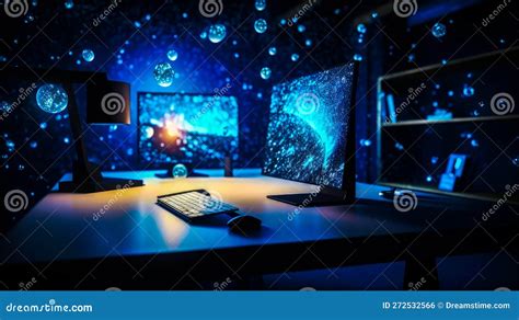 Desk With Two Computer Monitors And Keyboard Generative Ai Stock Illustration Illustration Of