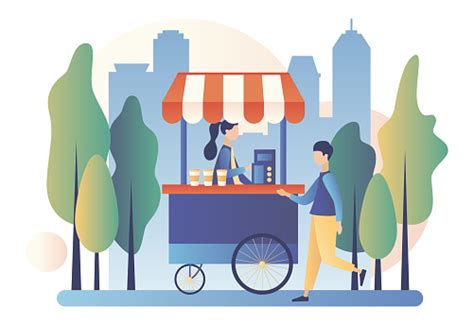 주말 축제 음식 거리 박람회 가족 축제 개념 거리 커피 카트입니다 현대 평면 만화 스타일입니다 벡터 일러스트레이션 가족에 대한 스톡 벡터 아트 및 기타 이미지 Istock