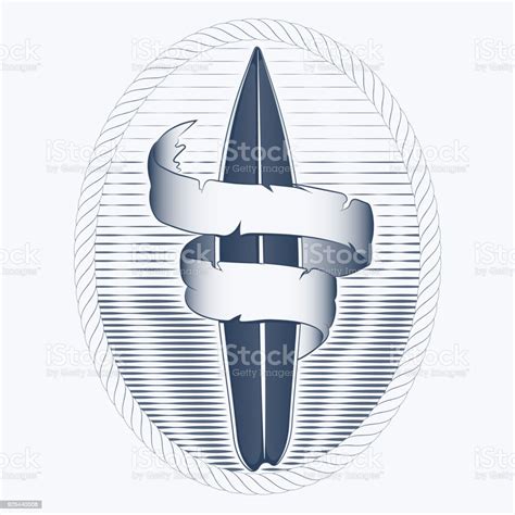 벡터 일러스트 레이 션 서핑 보드 스케치의 텍스트에 대 한 리본으로 포장 타원형 프레임 밧줄의 만든입니다 흰색 배경 0명에 대한 스톡 벡터 아트 및 기타 이미지 Istock