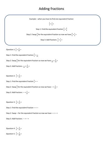 Adding Fractions Differentiated Sheet Teaching Resources