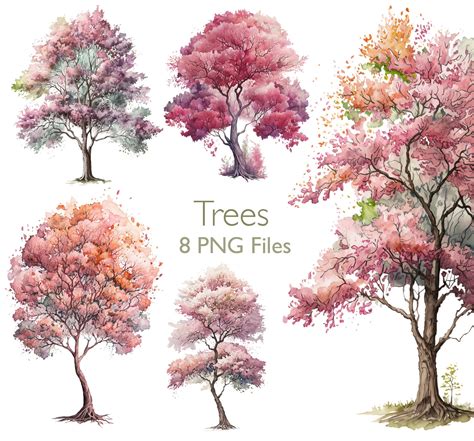 Pink Tree Clipart Clip Art Elements Trees Watercolor Art Graphics For Planner And