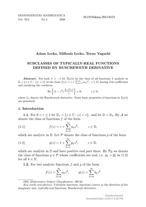 Pdf Subclasses Of Typically Real Functions Defined By Ruscheweyh