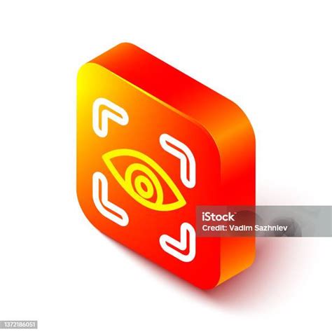 흰색 배경에 격리 된 등색 라인 눈 검사 아이콘 눈을 스캔합니다 보안 검사 기호입니다 사이버 아이 사인 주황색 정사각형 버튼 벡터 3차원 형태에 대한 스톡 벡터 아트 및