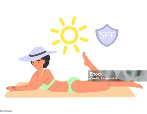 자외선 차단제 평면 벡터 일러스트레이션을 사용하여 안전하게 일광욕을 하는 여성 자외선 차단 자외선 차단 크림 여름 해변 스킨 케어 보습제에 대한 스톡 벡터 아트 및 기타