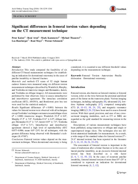 Pdf Significant Differences In Femoral Torsion Values Depending On The Ct Measurement Technique