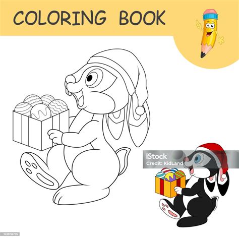 만화 토끼가있는 색칠 공부 책은 새해 장난감 상자를 가득 싣고 있습니다 무색 및 색상 예제 아이들을위한 색칠 공부 페이지에 토끼