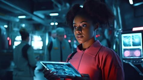 Premium Photo Black Woman With Tablet Erp Data Overlay And Innovation