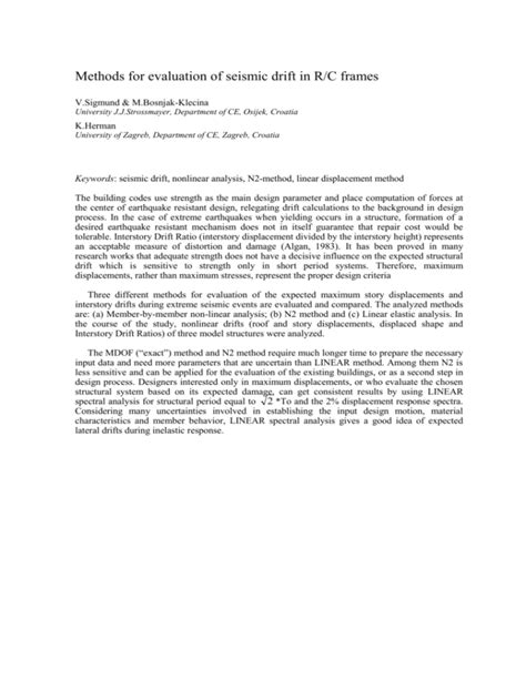 Methods For Evaluation Of Seismic Drift In R C Frames