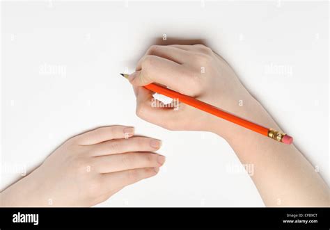 Hand With Pencil Over Grey Empty A Paper Imitation To Write Stock Photo Alamy