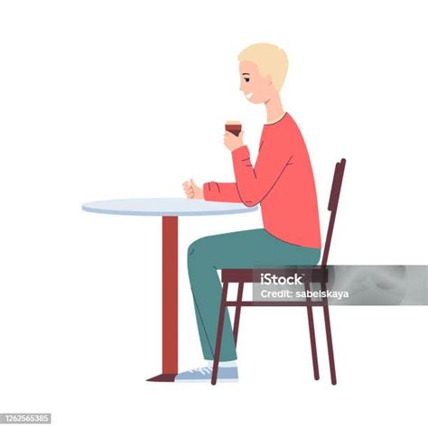 금발 남자 캐릭터 마시는 커피 테이블 플랫 벡터 일러스트 고립 가정 생활에 대한 스톡 벡터 아트 및 기타 이미지 가정 생활 건강한 식생활 고객 Istock