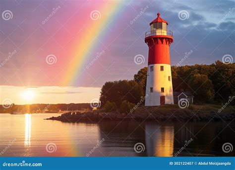 Beacon Of Safety Baltiysk Port Lighthouse Under A Beautiful Rainbow Stock Illustration