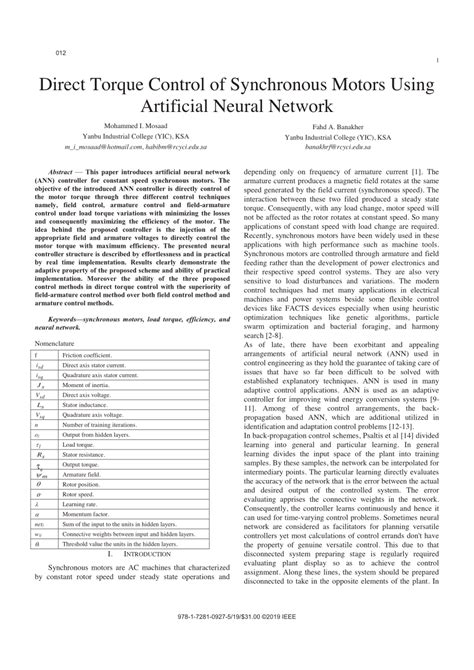 Pdf Direct Torque Control Of Synchronous Motors Using Artificial Neural Network