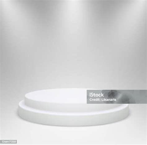스튜디오 조명에서 현실적인 흰색 라운드 연단 회색 배경에 제품 쇼케이스를위한 3d 받침대 또는 플랫폼 야구 플레이트에 대한 스톡 벡터 아트 및 기타 이미지 Istock