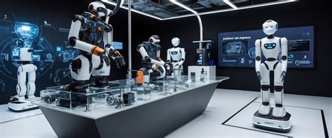 Futuristic Robotics Lab Showcasing Advanced Technology And Humanoid Robots Premium Ai