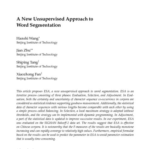 A New Unsupervised Approach To Word Segmentation Acl Anthology
