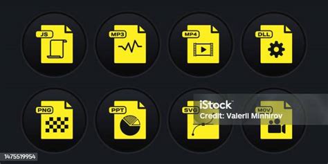 Png 파일 문서 Dll Ppt Svg Mp4 Mp3 Mov 및 Js 아이콘을 설정합니다 벡터 검은색에 대한 스톡 벡터 아트 및