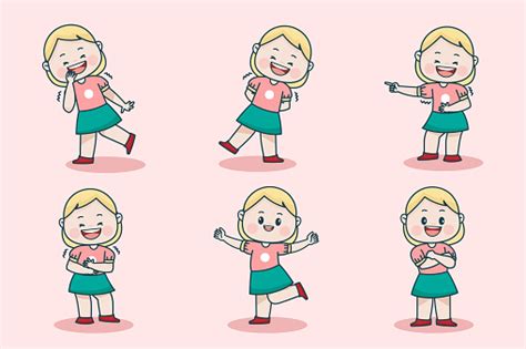 얼굴 표정과 손 포즈가 다른 젊은 똑똑한 소녀 캐릭터 얼굴 표정 플랫 벡터 일러스트 레이 션 가리키기에 대한 스톡 벡터 아트 및 기타 이미지 Istock