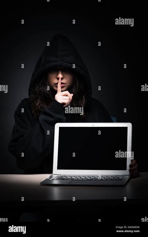 Female Hacker Hacking Security Firewall Late In Office Stock Photo Alamy