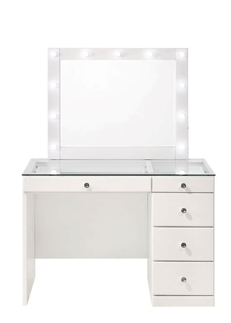 Hokku Designs 1pc Glam Makeup Vanity Table Glass Top 5 Drawers Crystal Knobs White Wooden