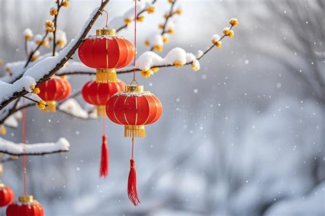 摄影图ai数字艺术 一串红灯笼悬挂在梅树枝头背景是雪地春节实景摄影图 Ai图片免费下载4096像素编号71161550 千图网