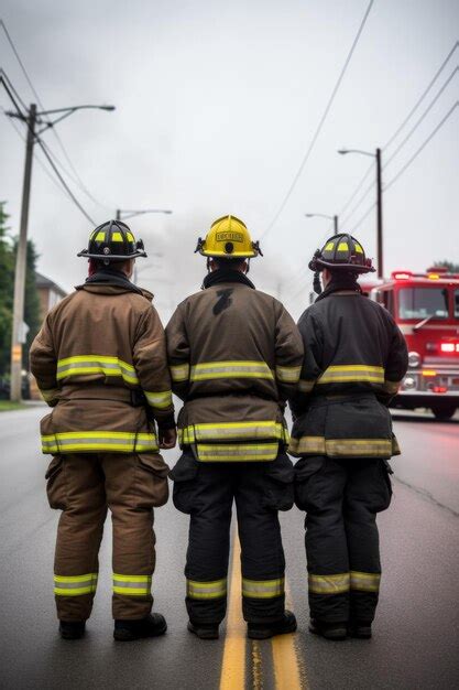 Premium AI Image Rearview Shot Of Three Firefighters Standing