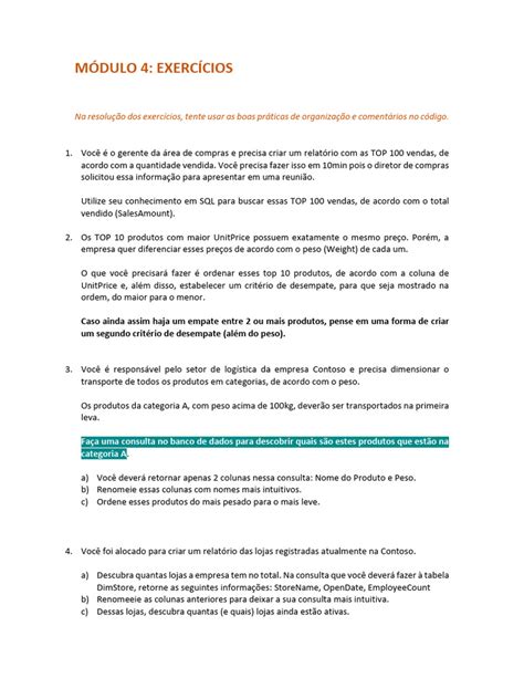 Sql Server Ordenando E Filtrando Dados Explicação Exercícios Lista De Exercícios Pdf