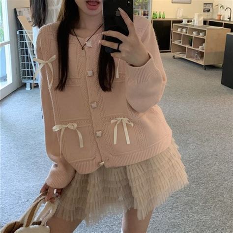 라운드넥 배색 리본 가디건 카디건 봄 가을 오피스룩 예쁜 코디 데이트 데일리 캐주얼 러블리 결혼식투피스