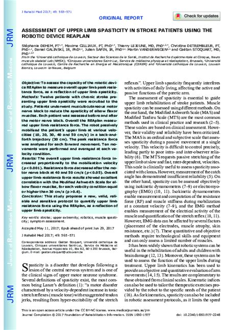 Pdf Assessment Of Upper Limb Spasticity In Stroke Patients Using The