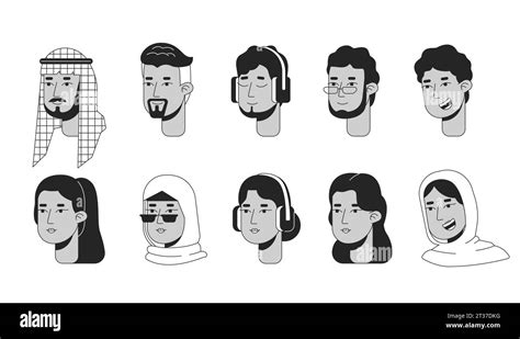 Arab Middle Eastern Black And White 2d Line Cartoon Character Faces Set Stock Vector Image And Art
