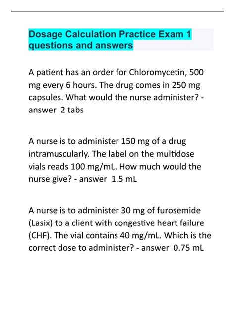 Dosage Calculation Practice Exam Questions And Answers Ob Dossage Calculation Stuvia US
