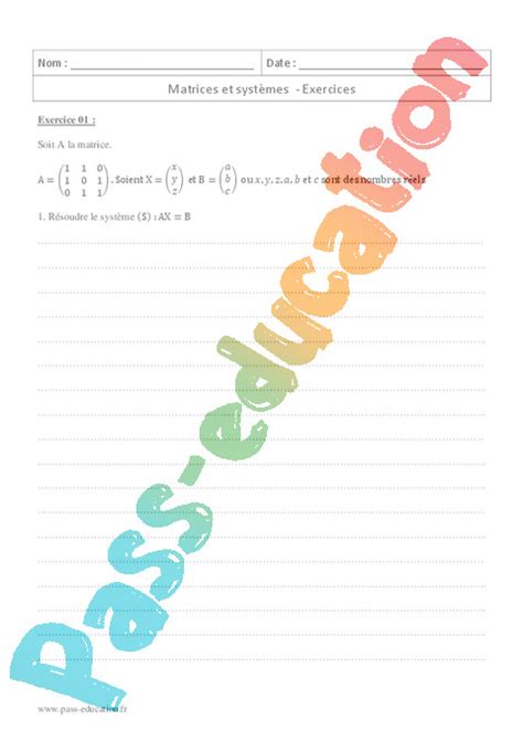 Exercice Matrices Et Systèmes Terminale