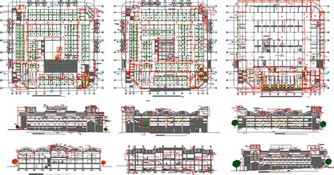 All Sided Elevation Section And Floor Plan Details Of Shopping Center Dwg File