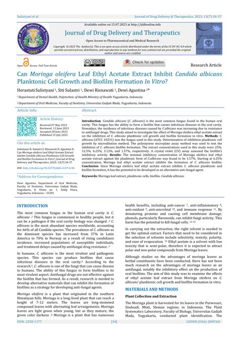 Pdf Can Moringa Oleifera Leaf Ethyl Acetate Extract Inhibit Candida Albicans Planktonic Cell
