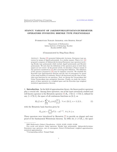 Pdf Stancu Variant Of Jakimovski Leviatan Durrmeyer Operators Involving Brenke Type Polynomials