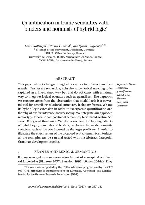 Pdf Quantification In Frame Semantics With Binders And Nominals Of Hybrid Logic