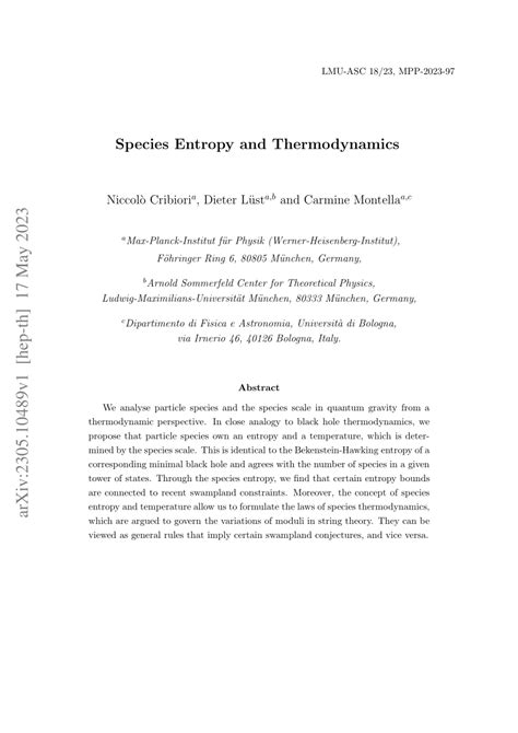 Pdf Species Entropy And Thermodynamics