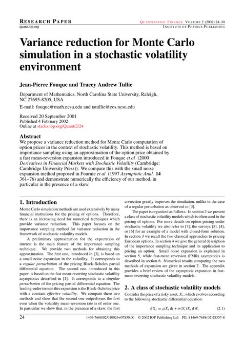 PDF Variance Reduction For Monte Carlo Simulation In A Stochastic Volatility Environment