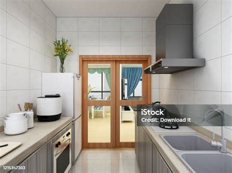 3d 렌더링 현대 가족 주방 디자인 새로운 캐비닛 및 냉장고가있는 주방 용품 창에서 햇빛 0명에 대한 스톡 사진 및 기타 이미지 Istock