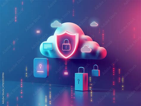 Neon Light With Shield And Lock Cloud Computing Technology Cyber Security Represents Data
