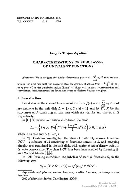Pdf Characterizations Of Subclasses Of Univalent Functions