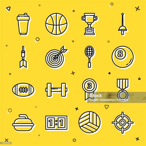세트 라인 대상 스포츠 메달 당구 수영장 스누커 공 어워드 컵 화살표 다트 피트니스 셰이커 및 테니스 라켓 아이콘 벡터 건강한 생활방식에 대한 스톡 벡터 아트 및 기타