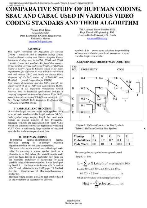 Pdf Comparative Study Of Huffman Coding Sbac And Cabac Used In