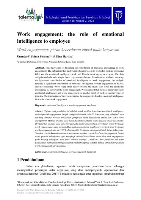 Pdf Work Engagement The Role Of Emotional Intelligence To Employee Work Engagement Peran