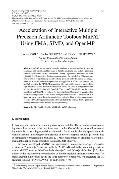 Pdf Acceleration Of Interactive Multiple Precision Arithmetic Toolbox Mupat Using Fma Simd