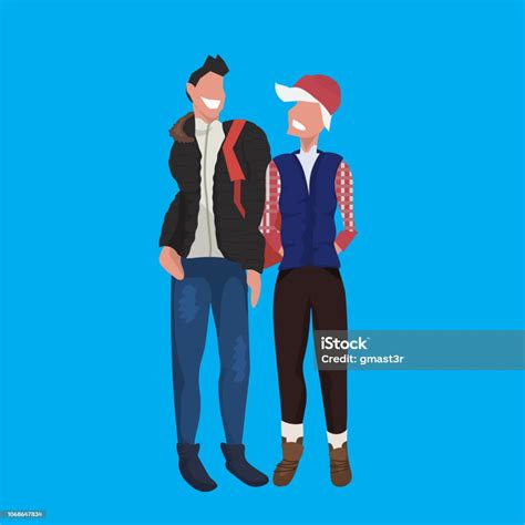 함께 서 있는 남성 여성 만화 캐릭터 전체 길이 파란색 배경 플랫 겨울 옷을 입고 남자 여자 커플 2명에 대한 스톡 벡터 아트 및 기타 이미지 Istock