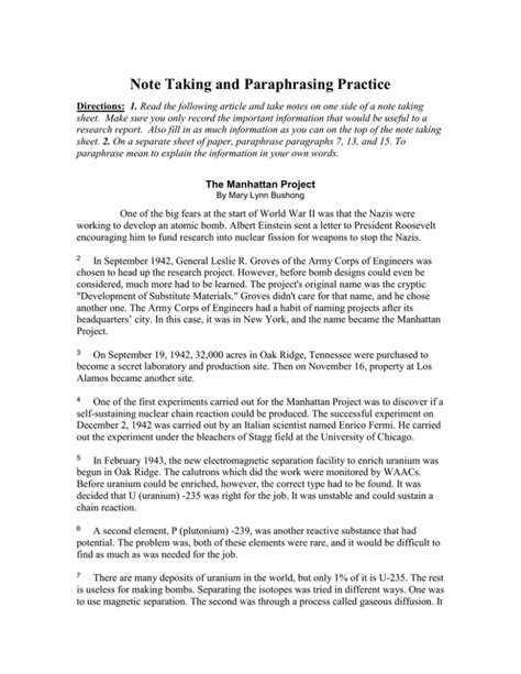 Note Taking And Paraphrasing Homework