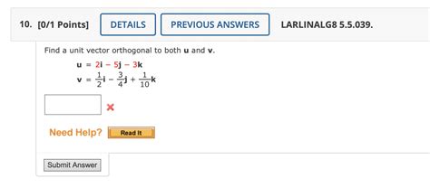 solved find a unit vector orthogonal to both u and v