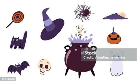 할로윈 박쥐 거미 호박 가마솥 두개골 사탕 고양이 웹 달 마녀 모자 할로윈 세트 손으로 그린 플랫 만화 캐릭터 일러스트레이션 흰색 배경에 벡터 일러스트레이션 0명에 대한