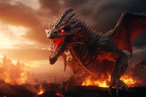 Premium Photo Mythological Dragons Breathing Fire In Ancient Ski 00524 02