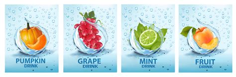 과일과 채소 음료가 있는 라벨 세트 신선한 과일 주스가 함께 튀는 살구 포도 민트 물에 담긴 라임 호박이 튀는 음료 벡터